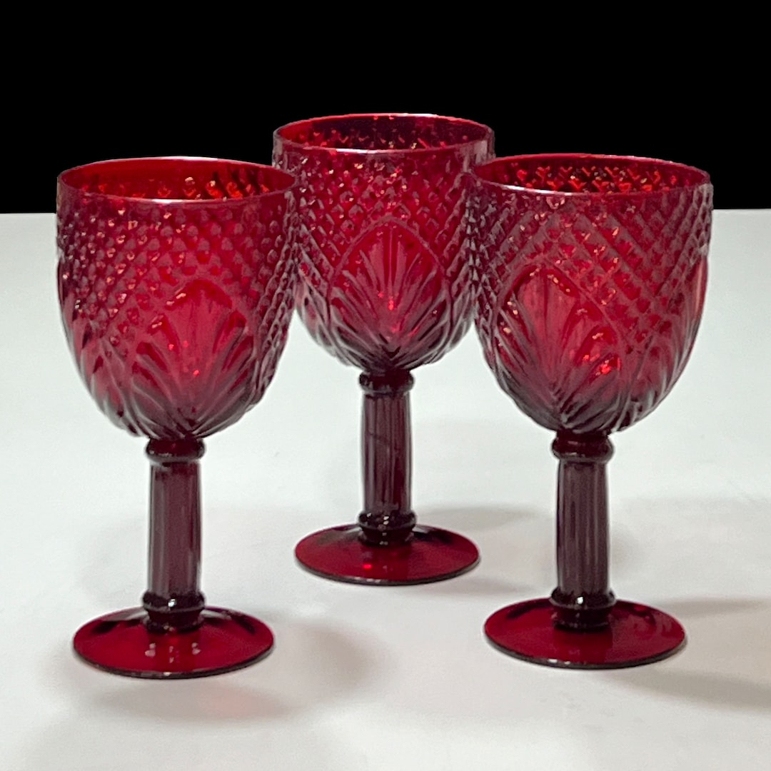 Vintage Ruby Red Water, Wine Goblets. Set of 3. RARE Red Stem. Diamond ...