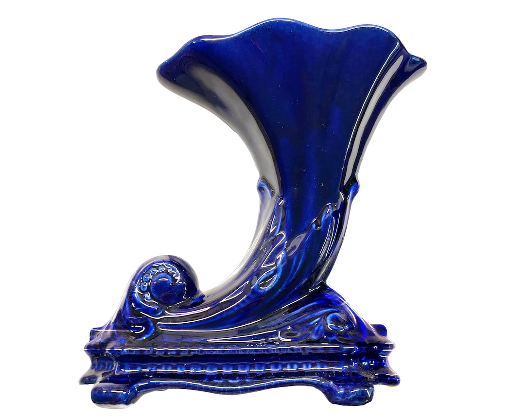 Royal Blue Cornucopia Ceramic Vase. 8 X 8.5. Horn of Plenty Vase for ...