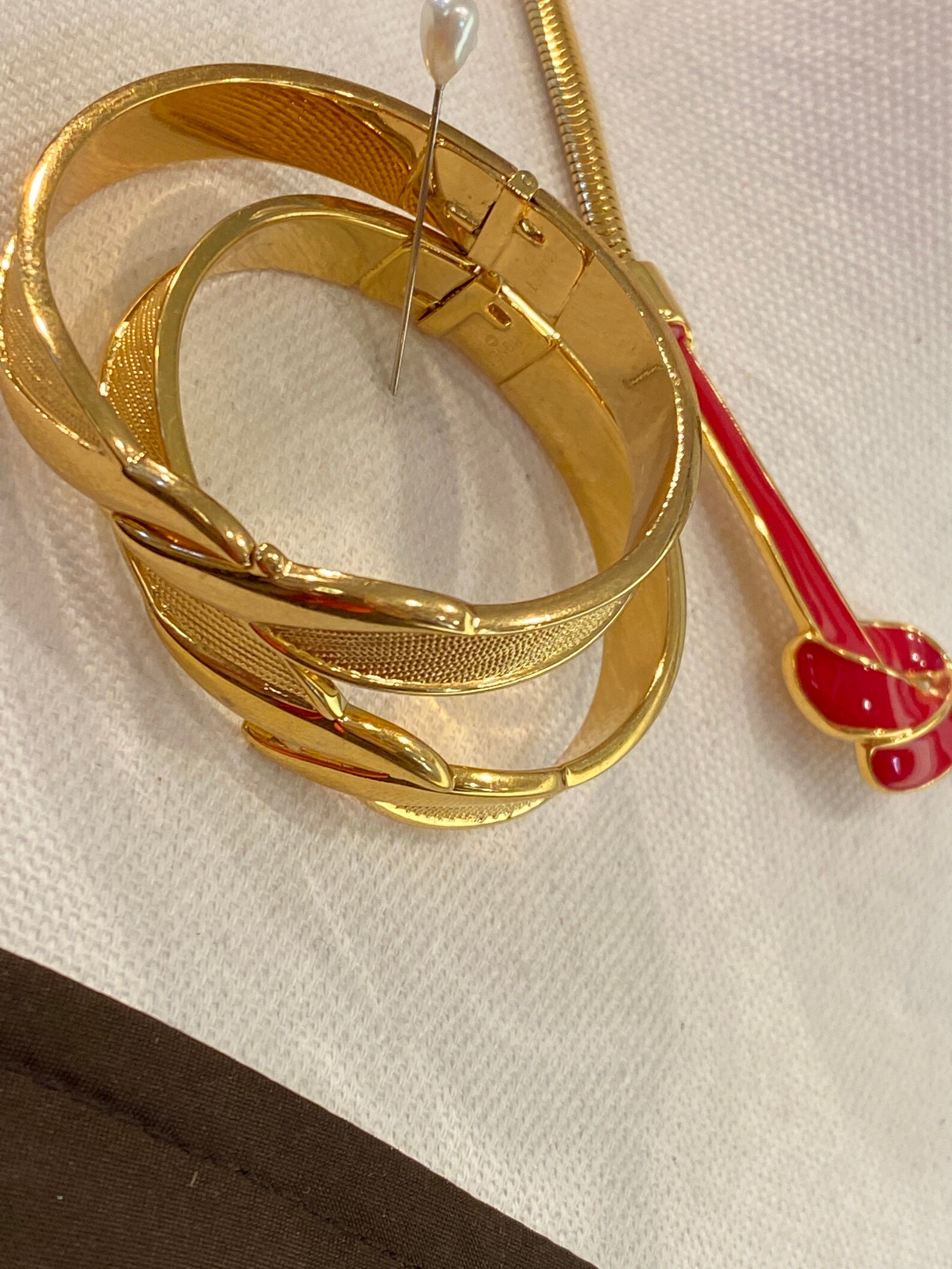 Vintage Monet Jewelry Set: Red Enamel Necklace & Gold Tone Bangles - Etsy
