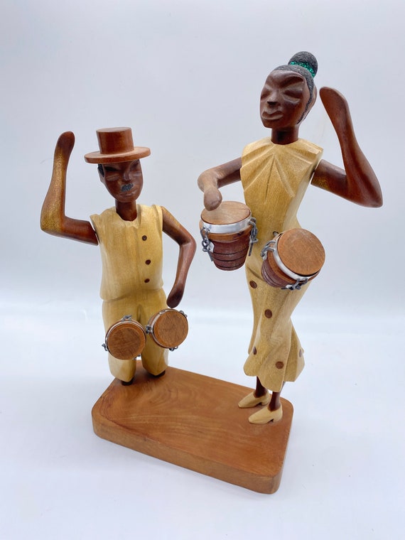 Vintage Carved Wood Bongo Musician Figurines Ethnic Folk Art | Etsy