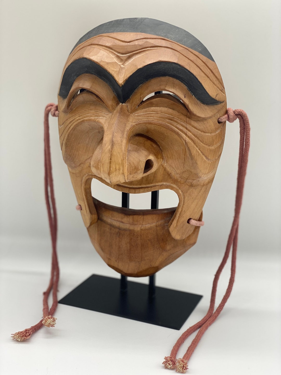 Antique Hand Carved Wood Korean Theater Old Man Festival Mask on Stand ...