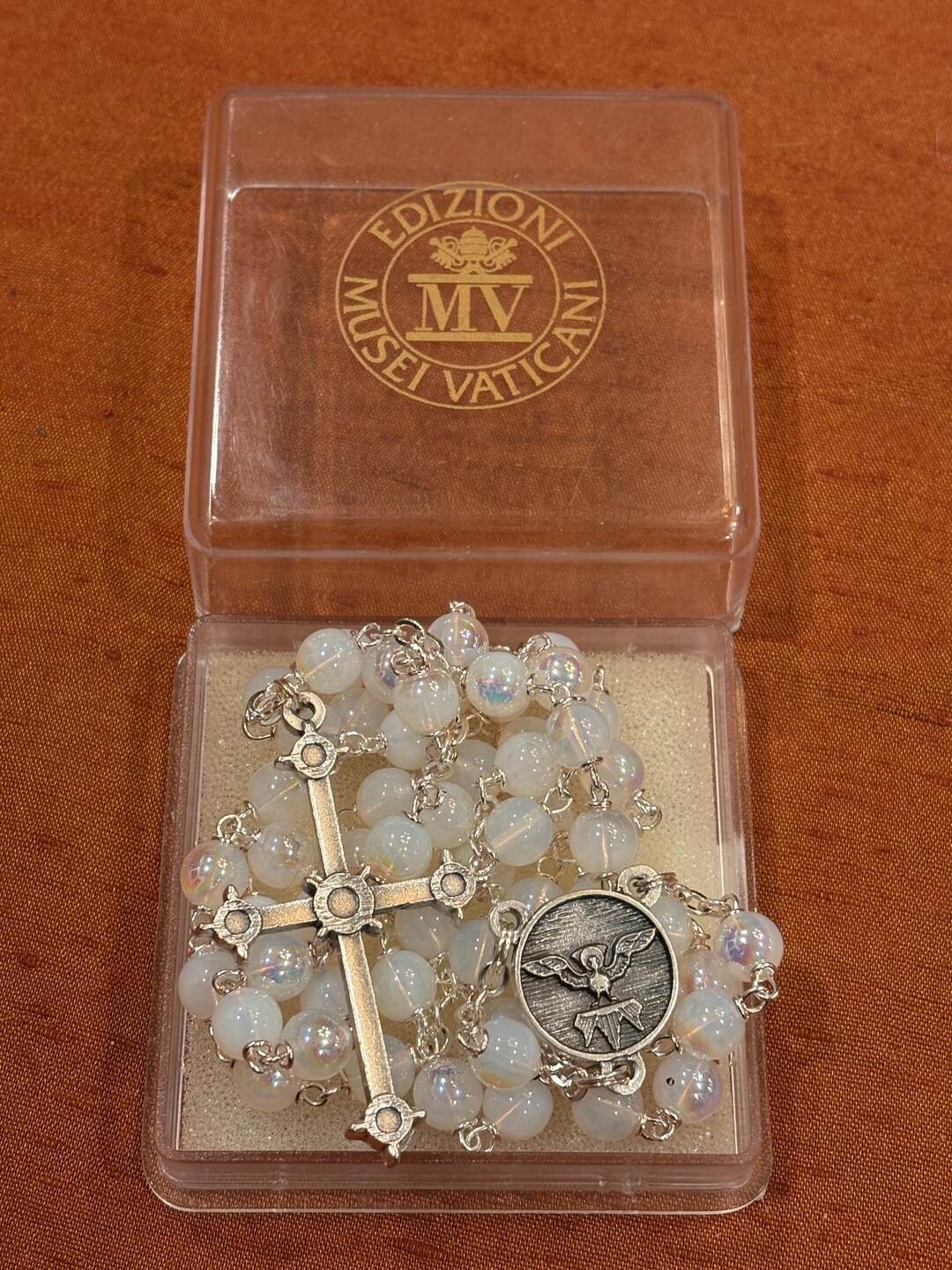 Vatican Cross Rosary White Iridescent Bead Catholic Prayer Beads ...