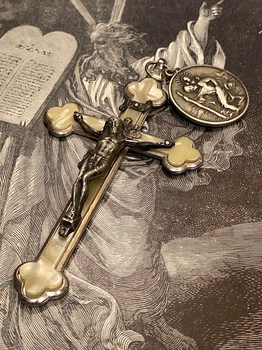 RARE Large 4.5” German Crucifix With German Religious Medal , German ...