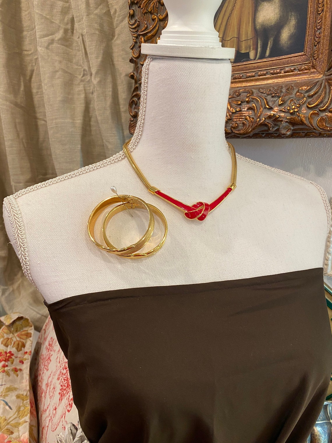 Vintage Monet Jewelry Set: Red Enamel Necklace & Gold Tone Bangles - Etsy