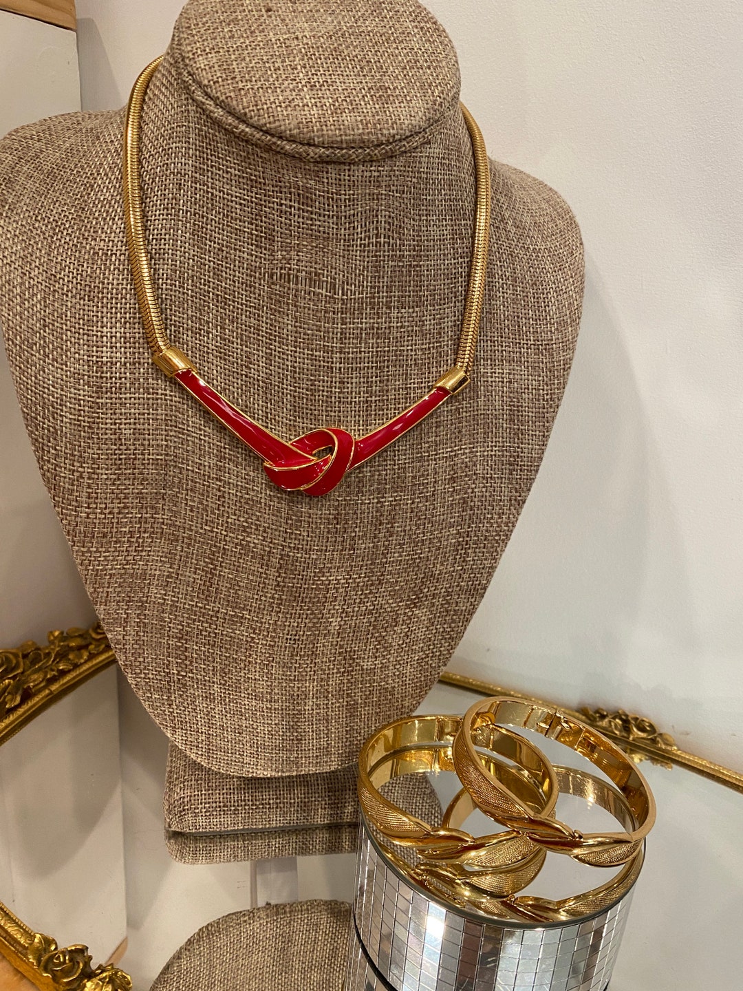 Vintage Monet Jewelry Set: Red Enamel Necklace & Gold Tone Bangles - Etsy