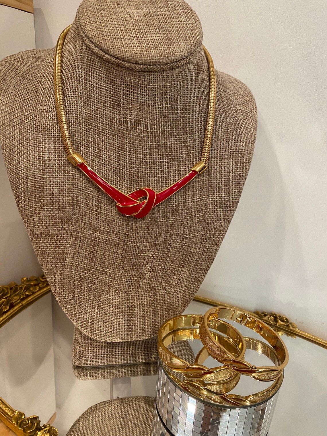 Vintage Monet Jewelry Set: Red Enamel Necklace & Gold Tone Bangles - Etsy