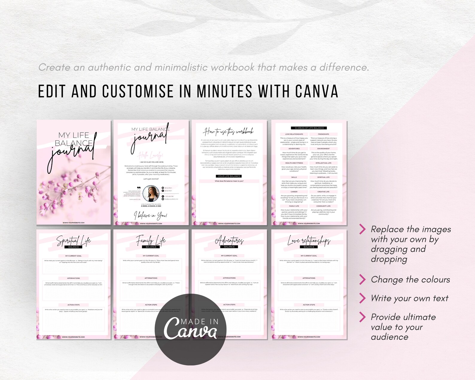 20 Pages Pink Journal Workbook Template Editable Custom - Etsy