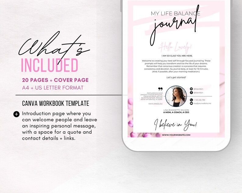 20 Pages Pink Journal Workbook Template Editable Custom - Etsy