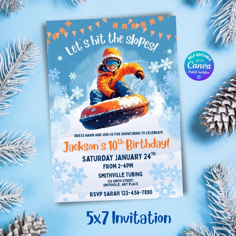 Snow Tubing Birthday Party Invitation Outdoor Sledding Dry Slope Winter ...