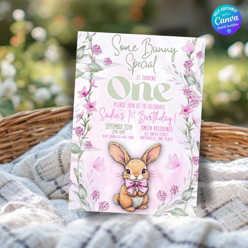 Bunny Birthday Party Invitation Girls 1st Birthday Invitation Pink ...