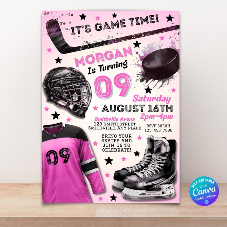 Editable Girl's Hockey Invitation Downloadable Ice Skating Birthday ...