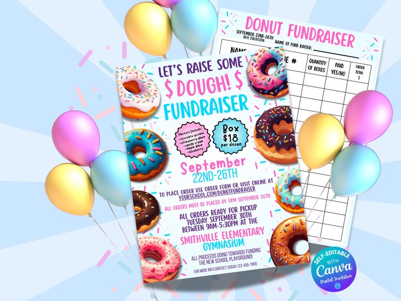 Editable Donut Fundraiser Flyer Template Printable School Event Bake ...