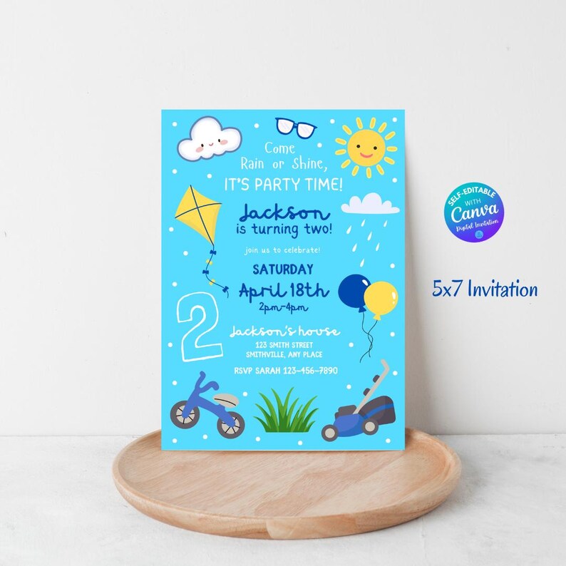 Editable Boy's 2nd Birthday Party Invitation Blue Birthday Invite ...