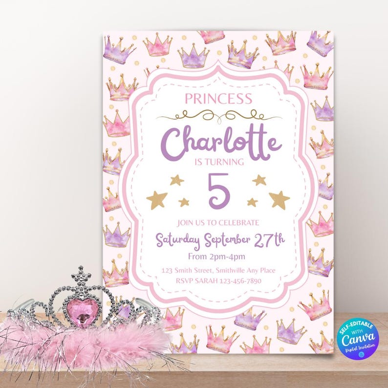 Editable Princess Birthday Party Invitation Princess Invite Crown Royal ...