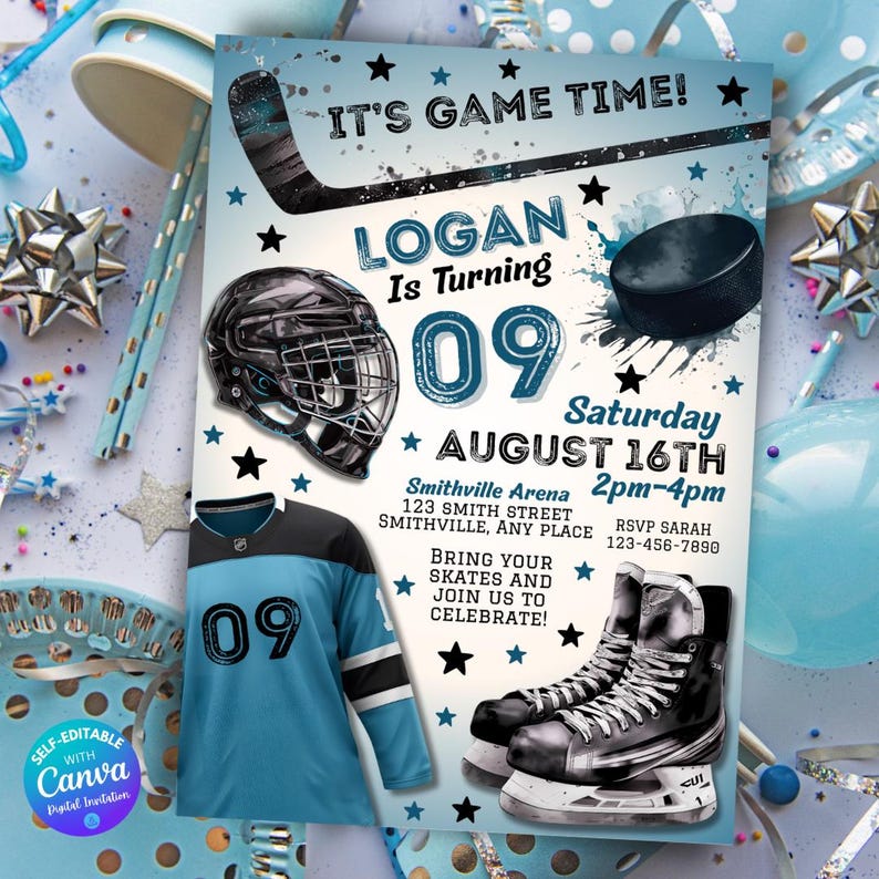 Editable Boys Hockey Invitation Downloadable Ice Skating Birthday Party ...
