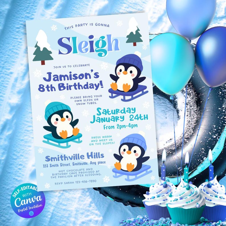 Snow Tubing Birthday Party Invitation Outdoor Sledding Dry Slope Winter ...