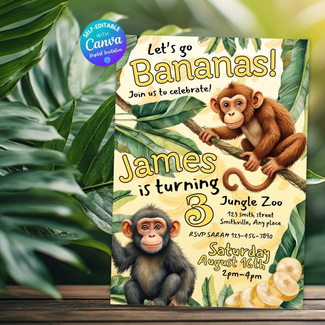 Monkey Birthday Party Invitation Monkey Theme Party Jungle Birthday ...