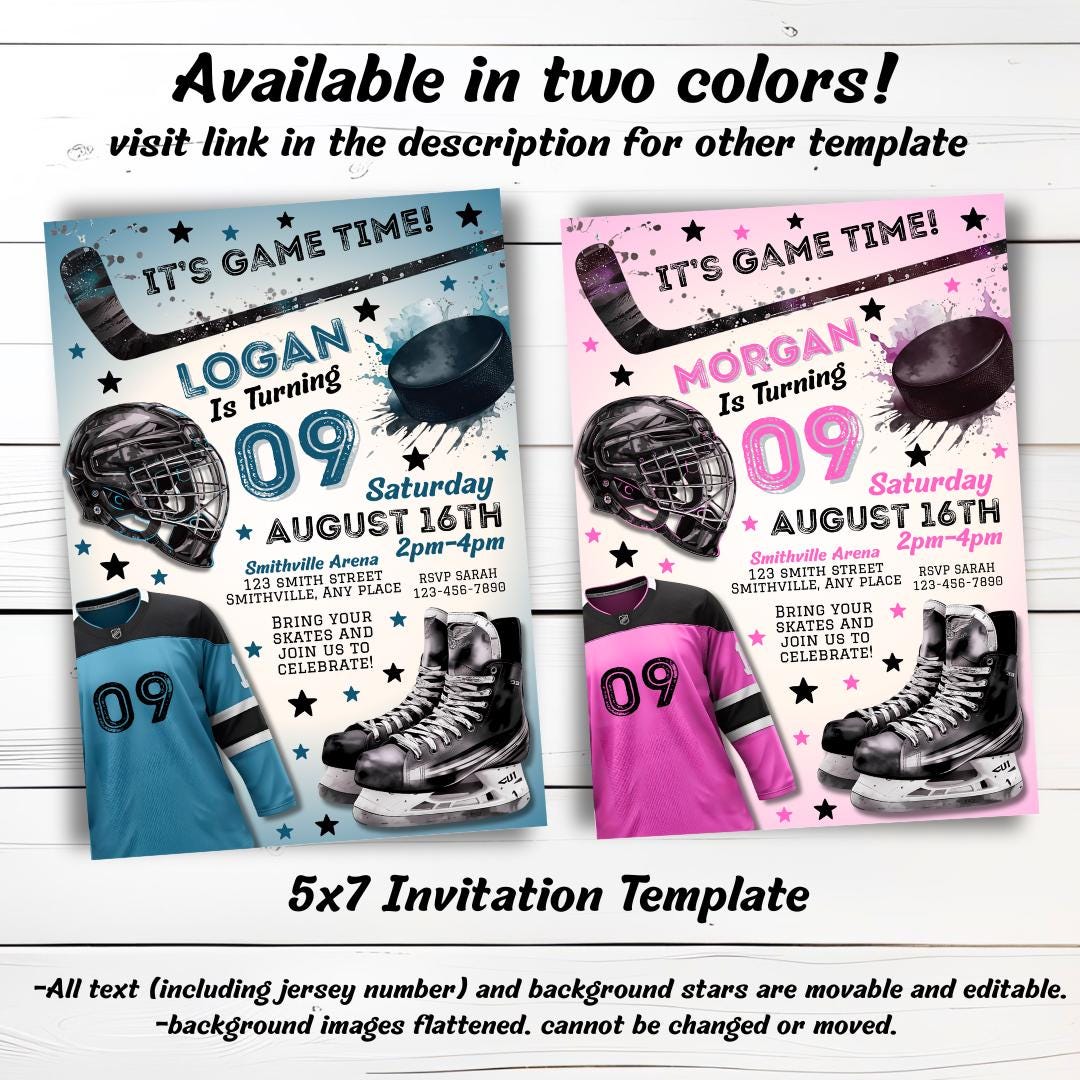 Editable Boys Hockey Invitation Downloadable Ice Skating Birthday Party ...