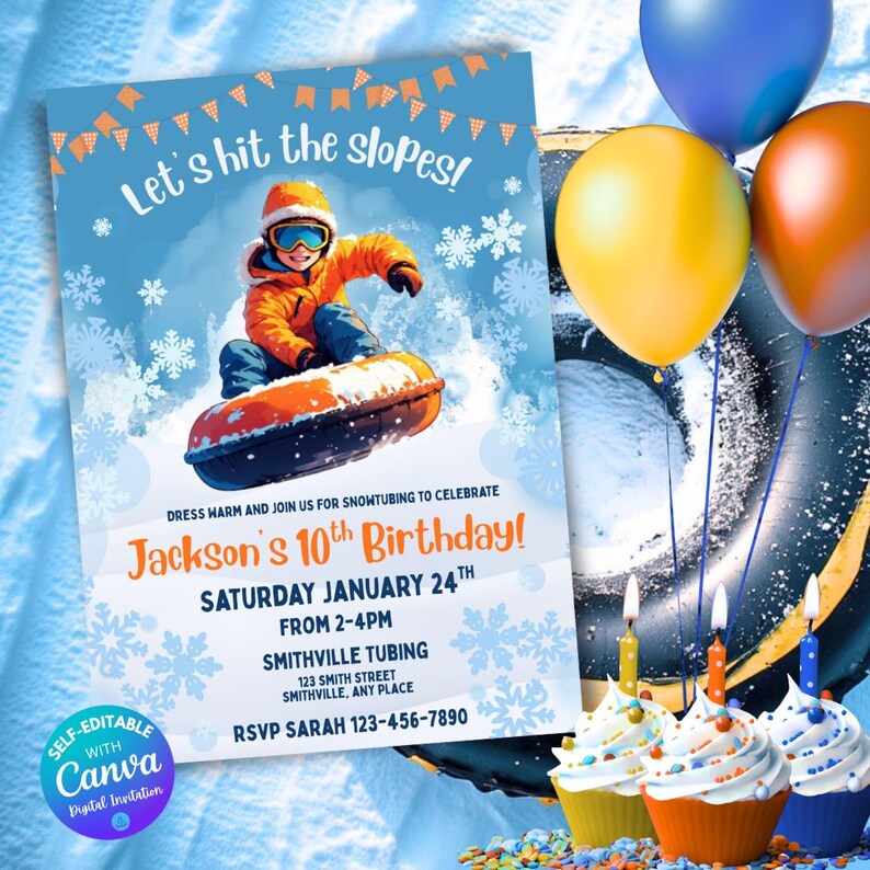 Snow Tubing Birthday Party Invitation Outdoor Sledding Dry Slope Winter ...