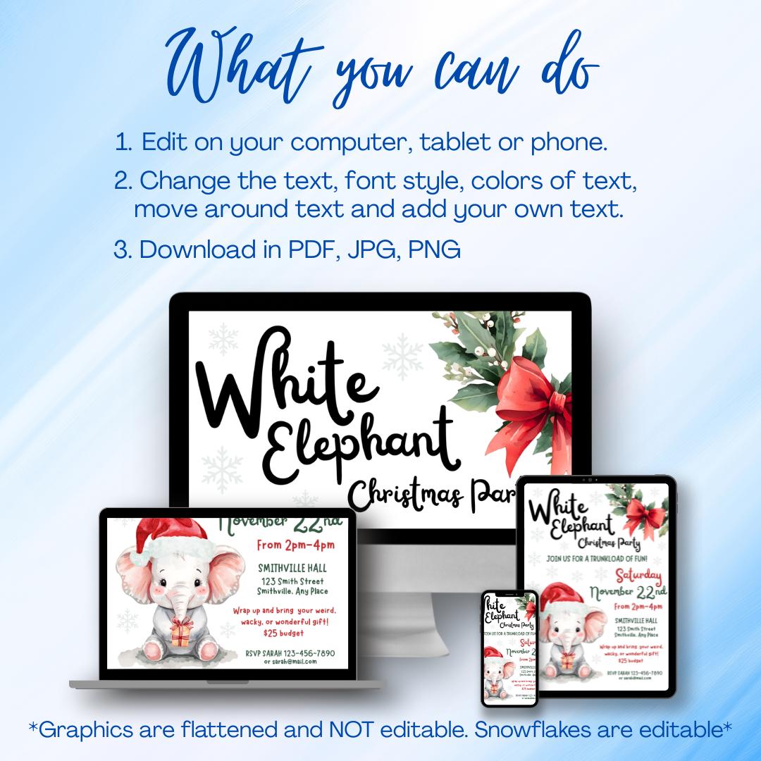 Editable White Elephant Christmas Party Invitation Template Holiday ...