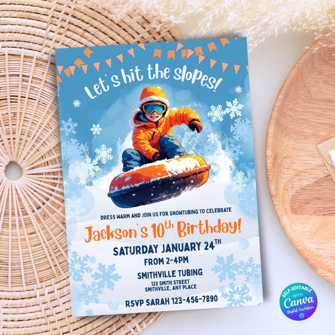 Snow Tubing Birthday Party Invitation Outdoor Sledding Dry Slope Winter ...