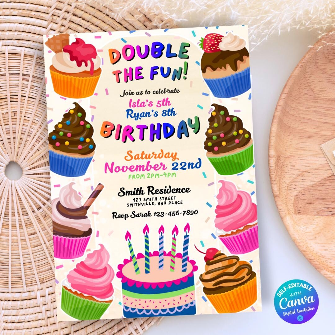 Editable Double Birthday Party Invitation Siblings Birthday Invitation ...