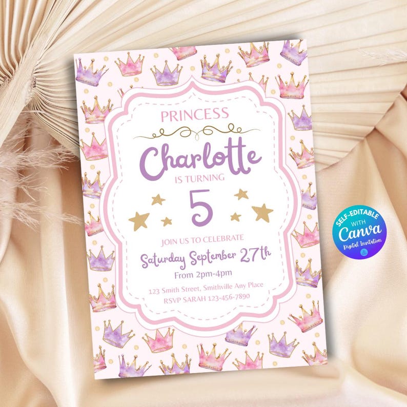 Editable Princess Birthday Party Invitation Princess Invite Crown Royal ...
