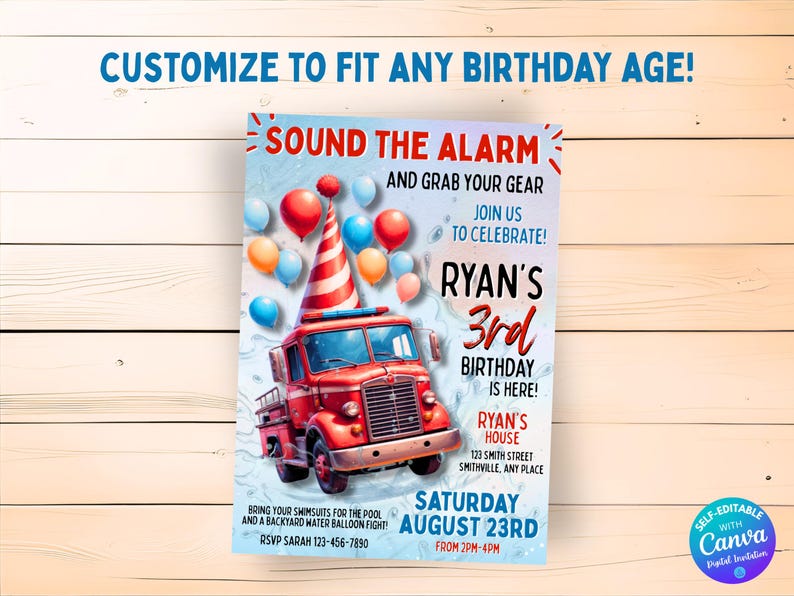 Editable Fire Truck Birthday Invitation Template Firetruck Invitation ...