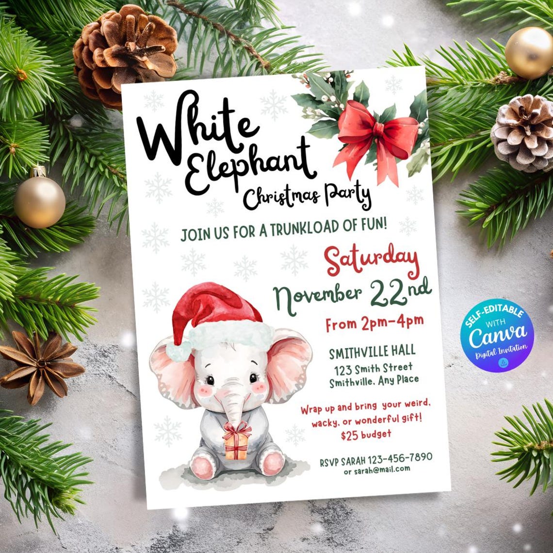 Editable White Elephant Christmas Party Invitation Template Holiday ...