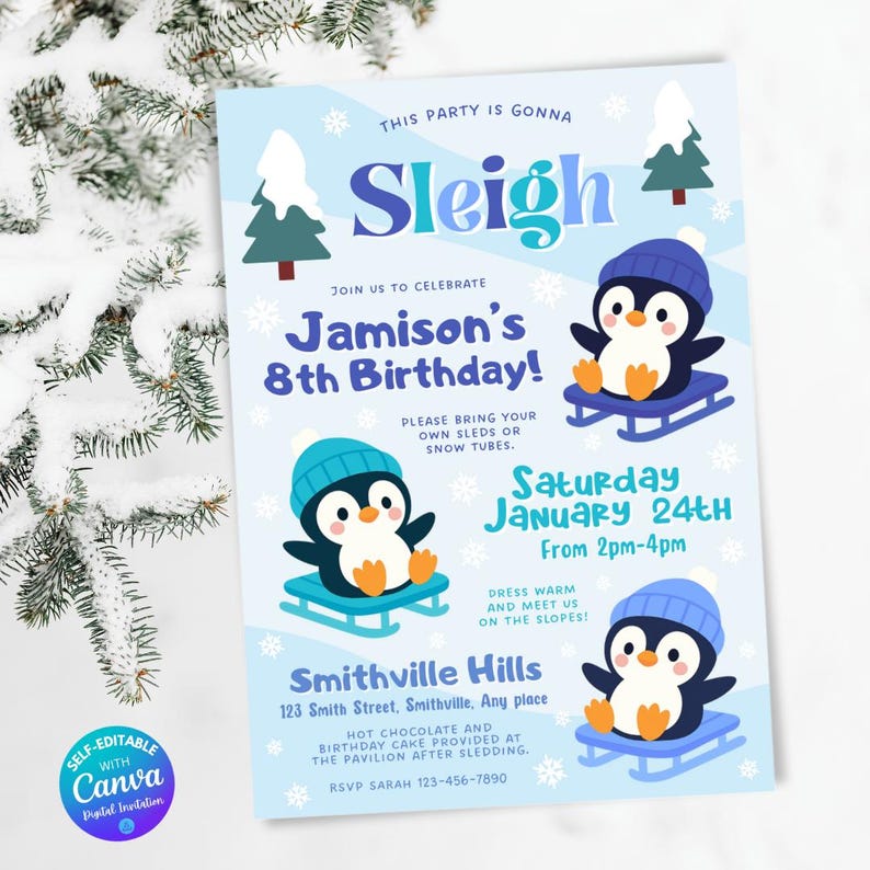 Snow Tubing Birthday Party Invitation Outdoor Sledding Dry Slope Winter ...