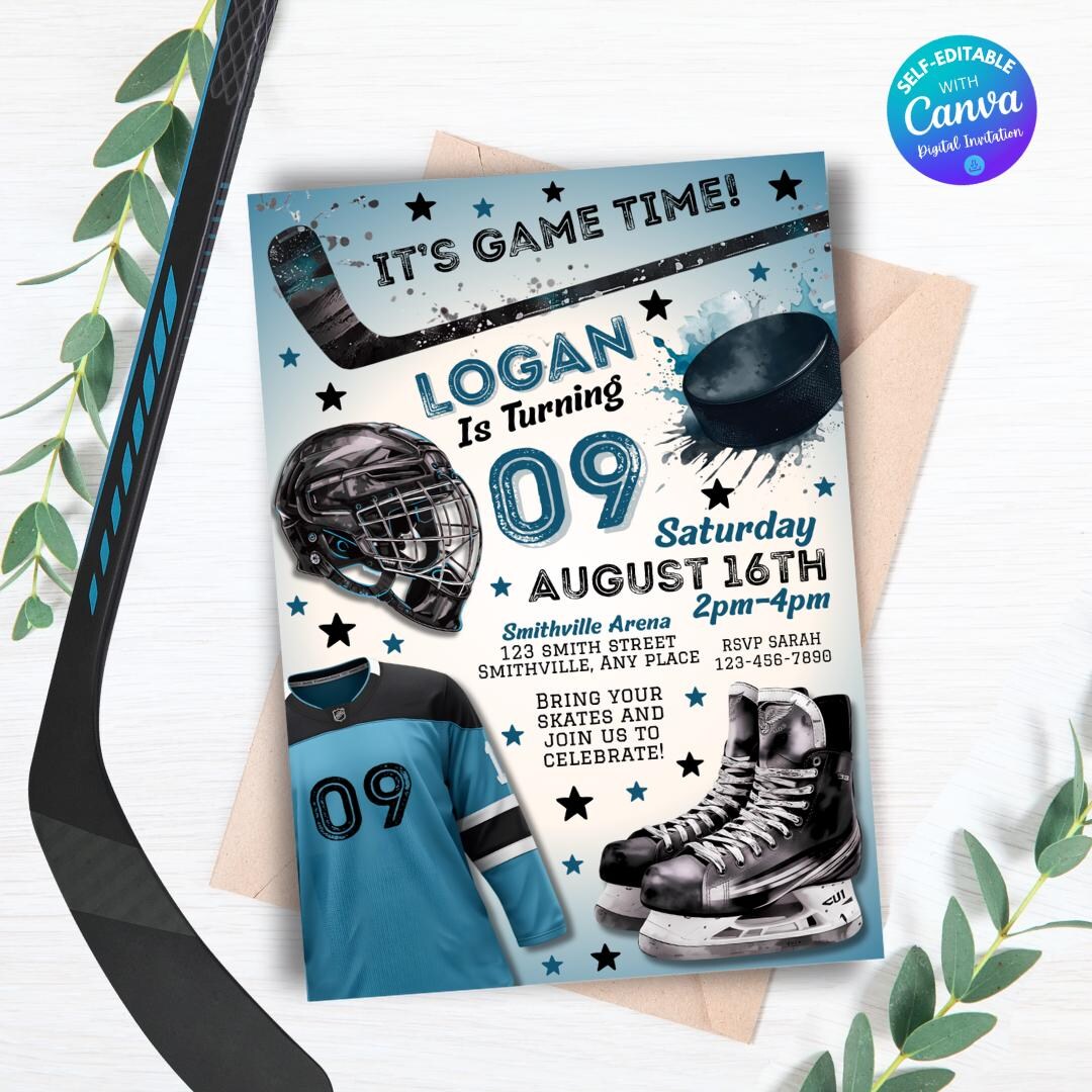 Editable Boys Hockey Invitation Downloadable Ice Skating Birthday Party ...
