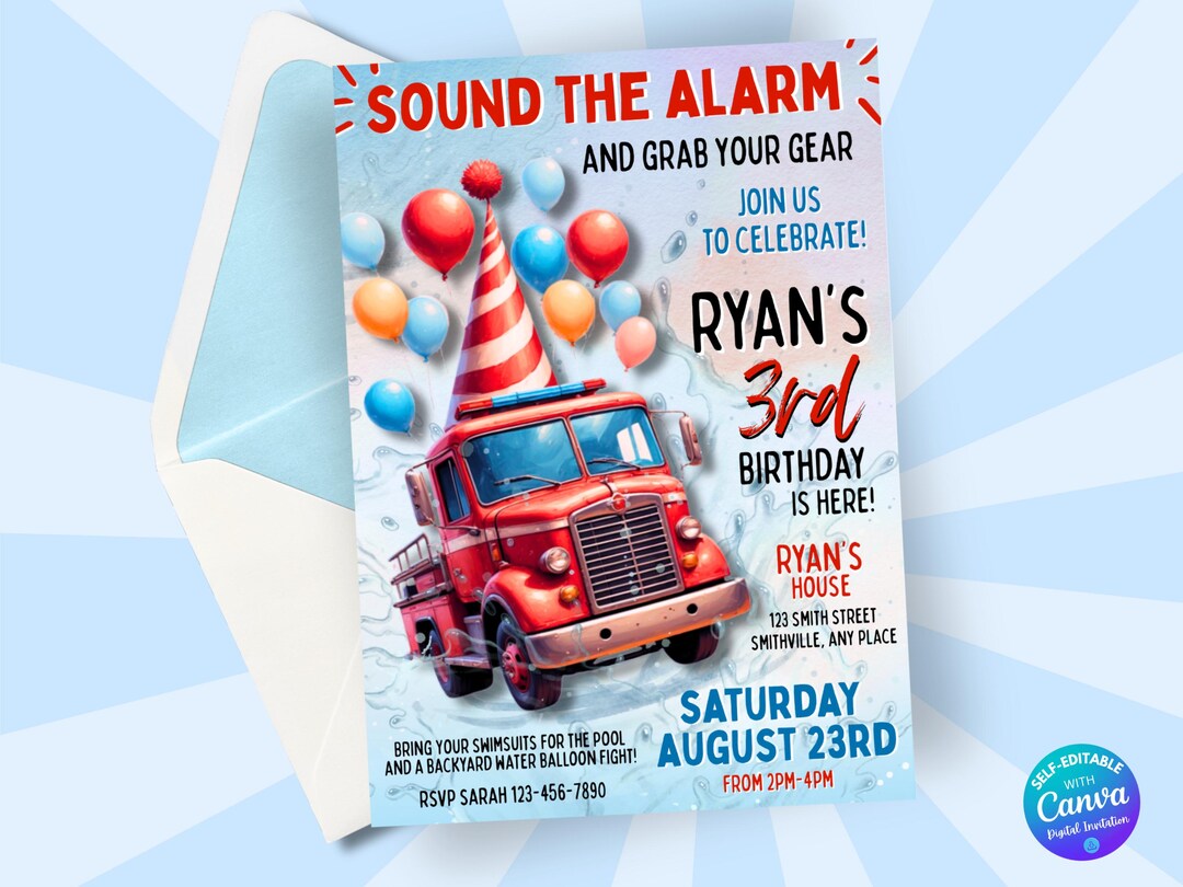 Editable Fire Truck Birthday Invitation Template Firetruck Invitation ...