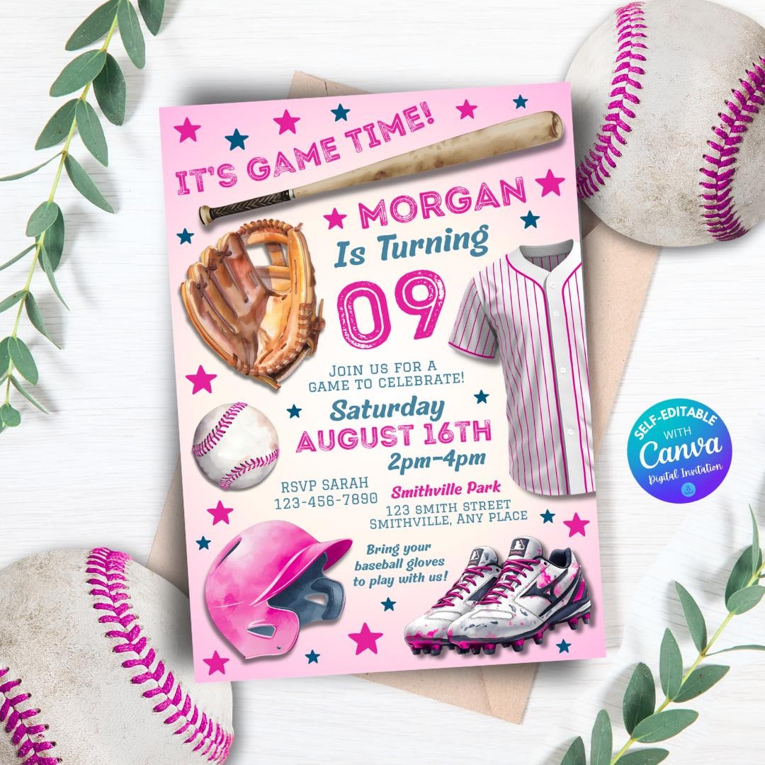 Editable Baseball Birthday Invitation Girl Downloadable Pink Baseball ...