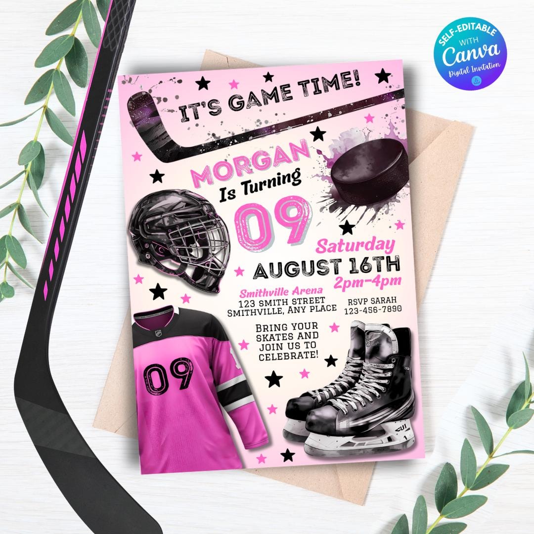 Editable Girl's Hockey Invitation Downloadable Ice Skating Birthday ...