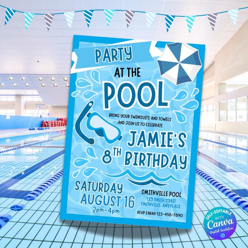 Editable Pool Birthday Party Invitation Downloadable Swim Party Invite ...