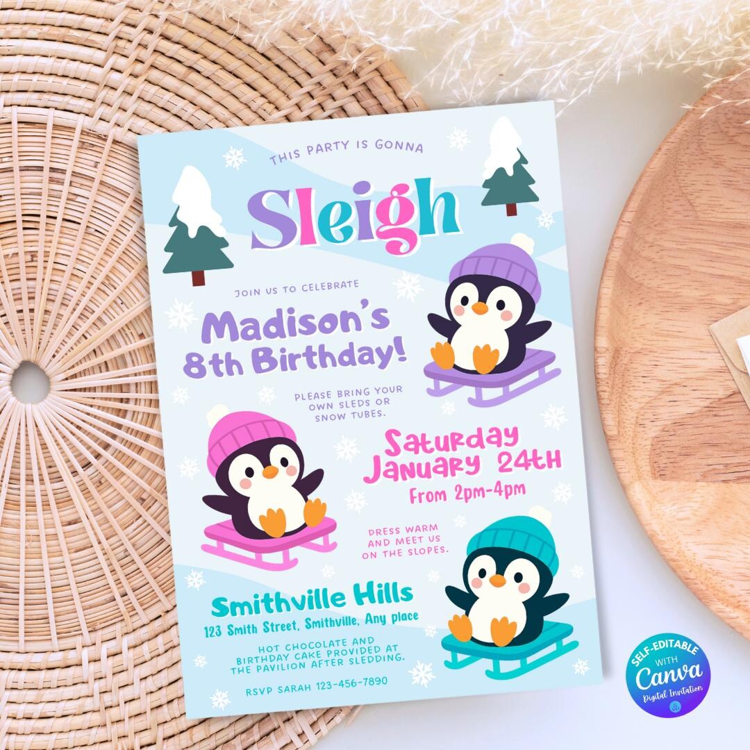 Snow Tubing Birthday Party Invitation Outdoor Sledding Dry Slope Winter ...