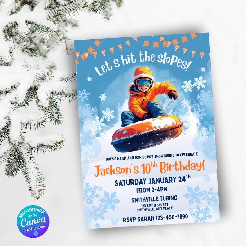 Snow Tubing Birthday Party Invitation Outdoor Sledding Dry Slope Winter ...