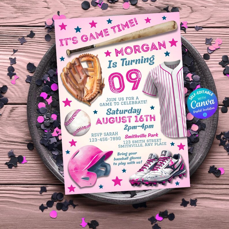 Editable Baseball Birthday Invitation Girl Downloadable Pink Baseball ...