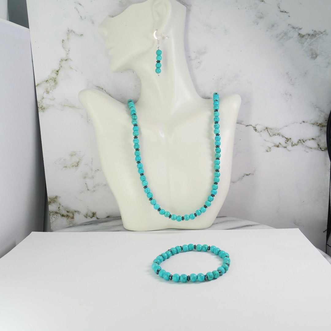 Elegant Blue Turquoise Jewelry Set: Bracelet, Necklace, Earrings ...