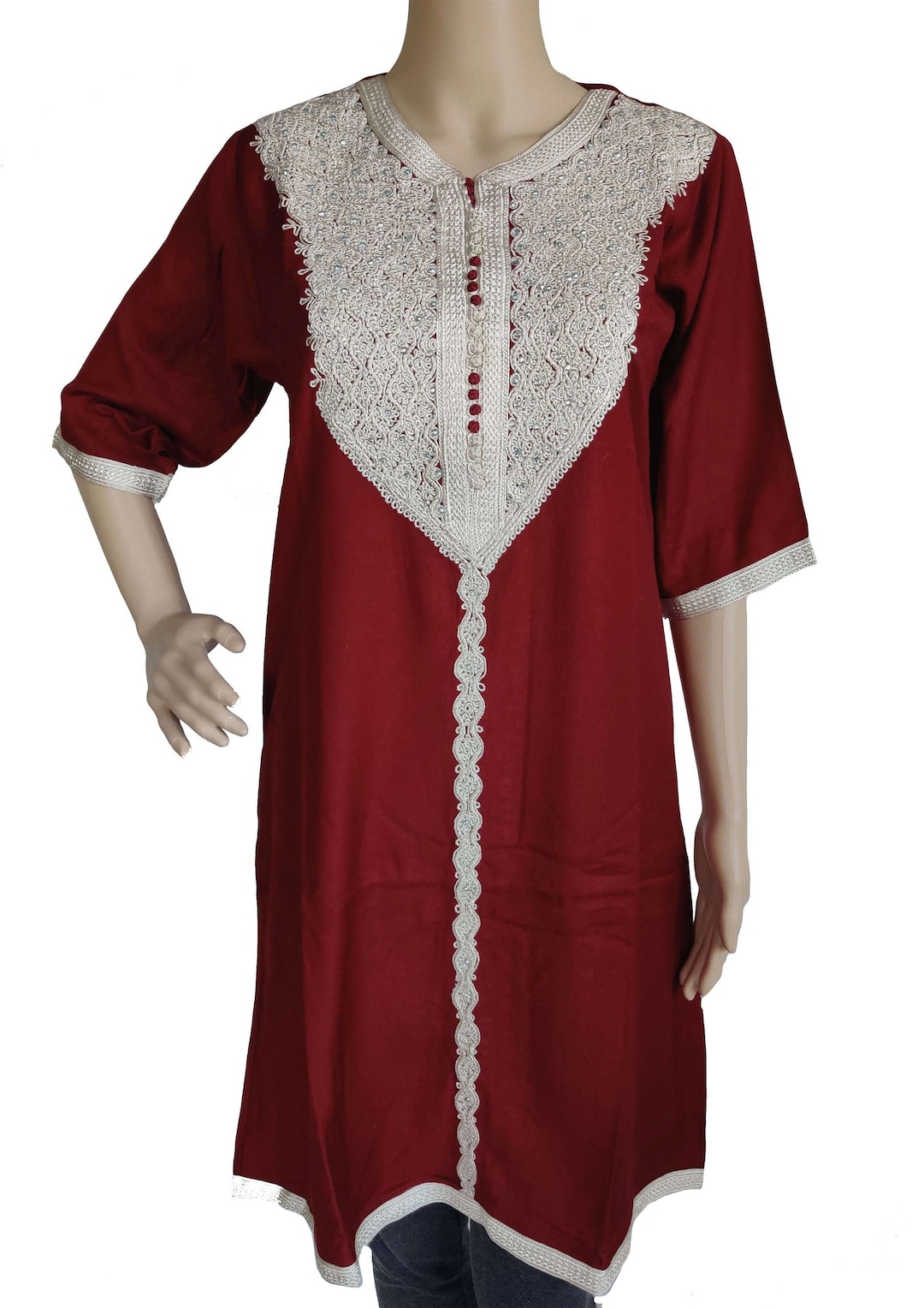 Moroccan Traditional Style Cotton Blend Tunic Casual Burgundy Women ...