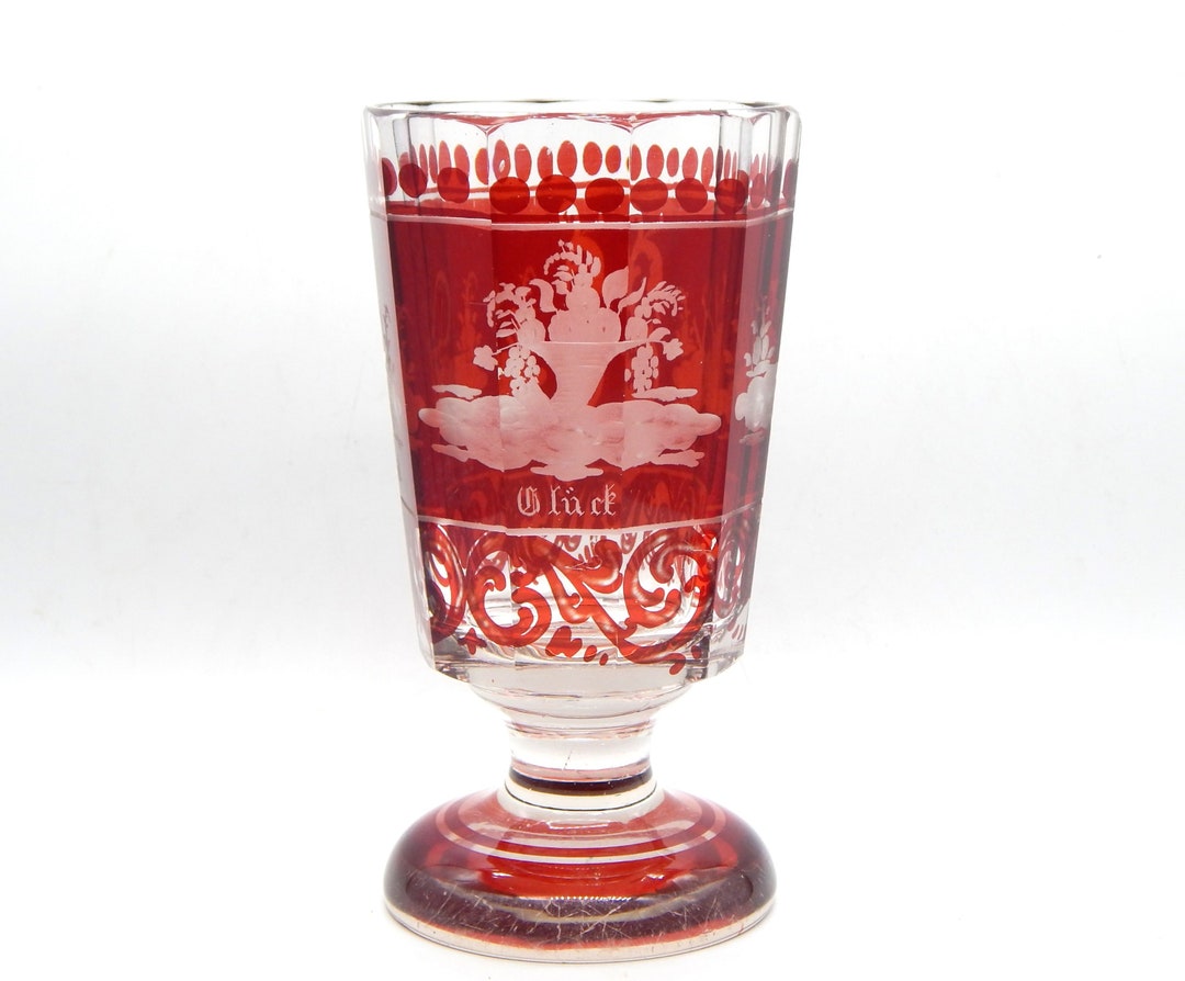 Antique Bohemian Ruby Flash Glass Toasting Goblet, Ground and Engraved ...