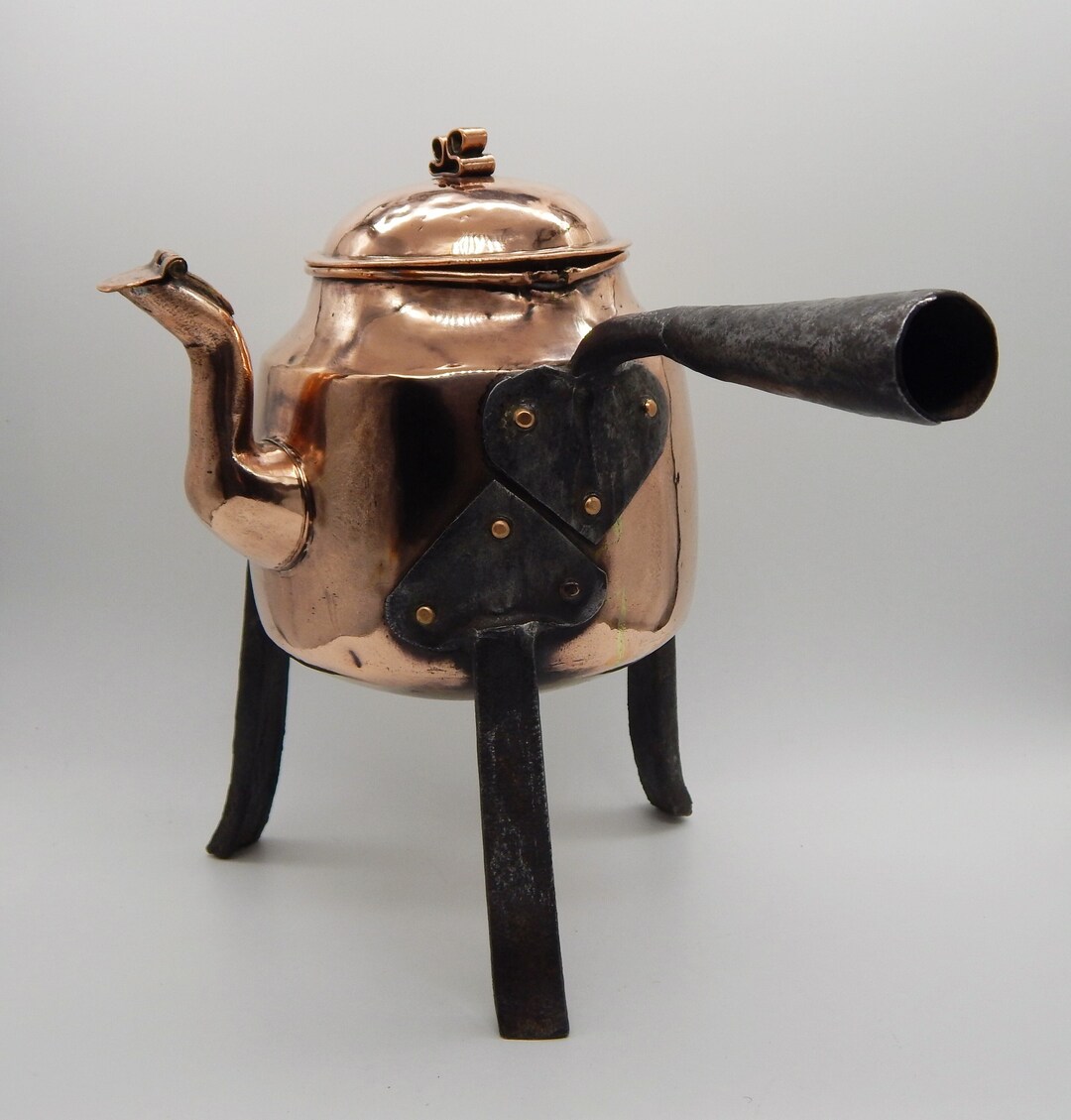 Antique Swedish Copper Kettle, on 3 Wrought Iron Legs, Craftsman Made ...