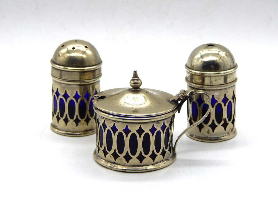 Antique Edwardian EPNS Condiment Set With Bristol Blue Glass Liners, 3 ...