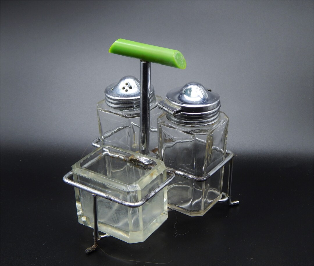 Vintage Art Deco Condiments Set 3 Piece in Stand. Pressed Glass and ...