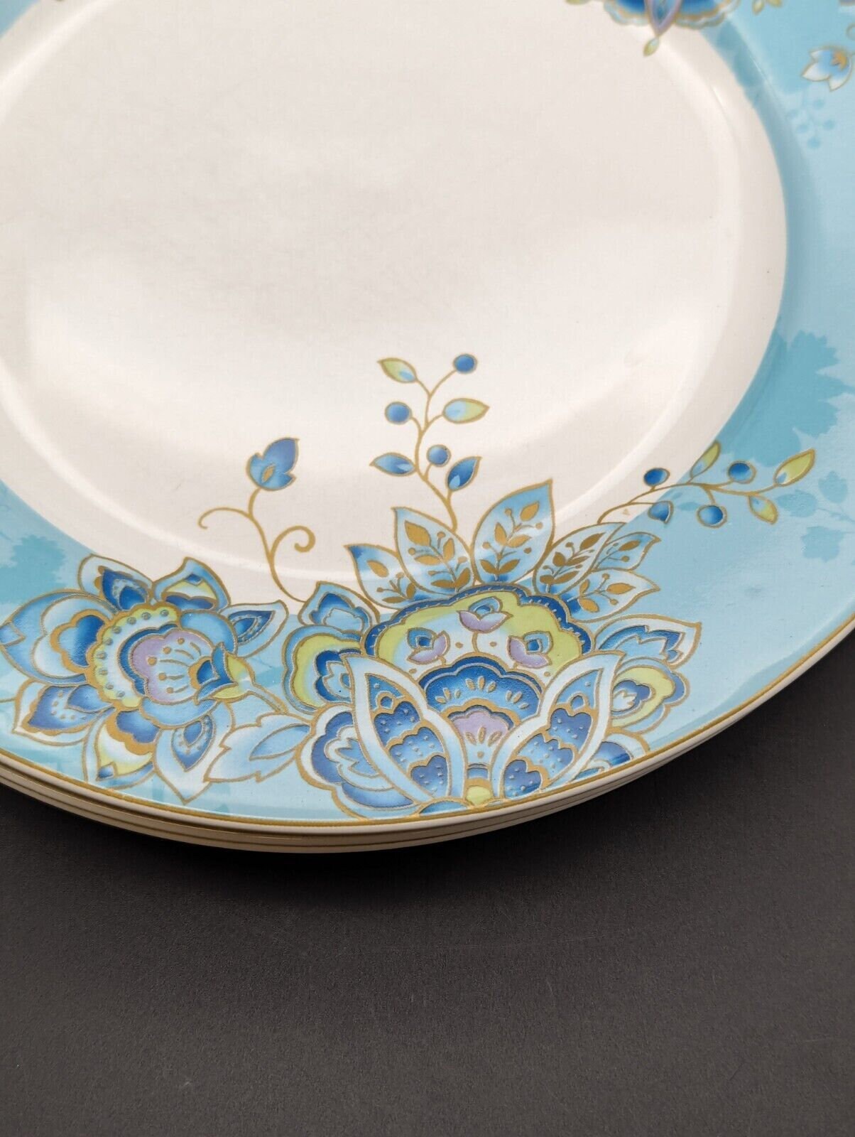 222 Fifth Set of 4 Dinner Plates ELIZA SPRING Aqua Blue 11 Floral ...
