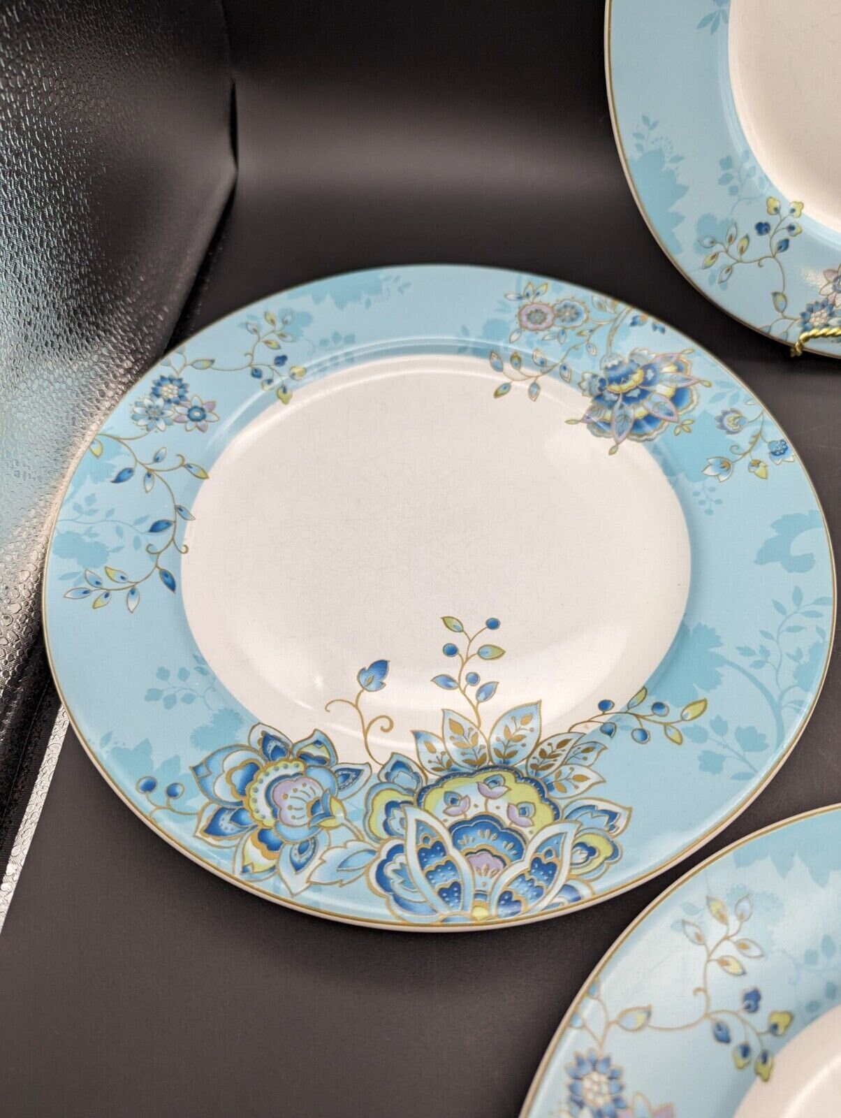 222 Fifth Set of 4 Dinner Plates ELIZA SPRING Aqua Blue 11 Floral ...