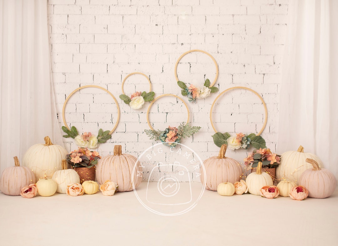 BOHO Dusty Pink Floral and Pumpkins Digital Photography Backdrop ...