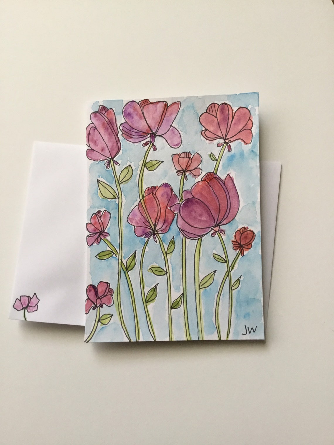 Whimsical Flower Note Card, Set of 3. Watercolor and Ink. - Etsy