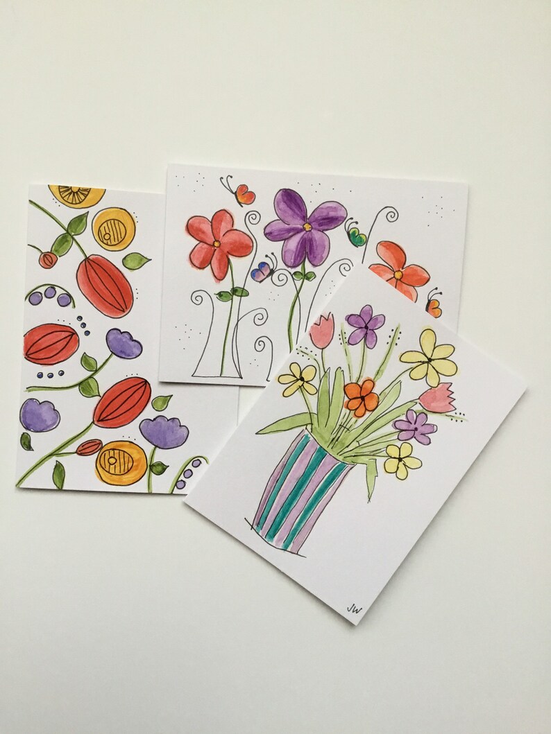 Fun Floral Hand Painted Card, Set of 3. Watercolor and Ink. - Etsy