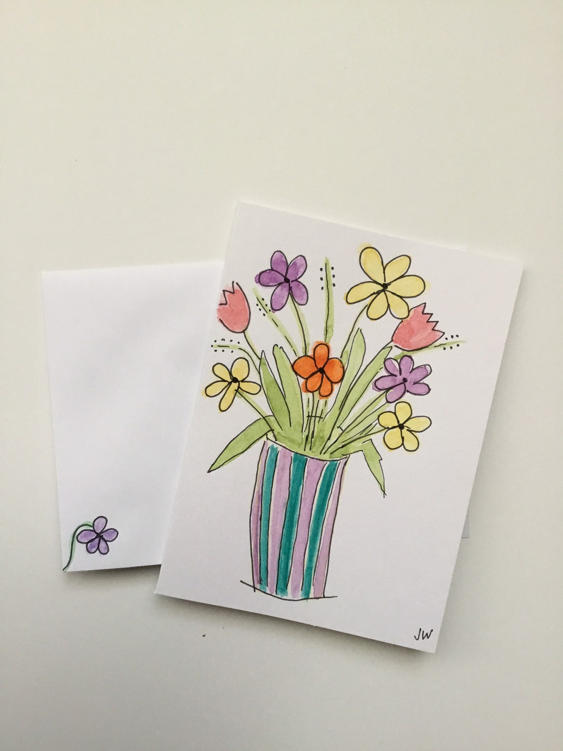 Fun Floral Hand Painted Card, Set of 3. Watercolor and Ink. - Etsy